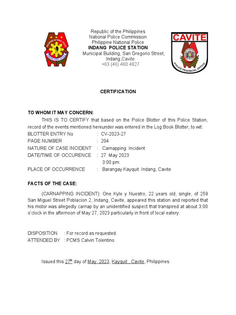 Carnapping Incident Report - Indang | PDF