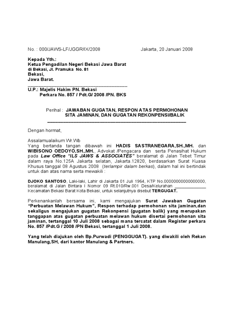 CONTOH SURAT JAWABAN GUGATAN PMH | PDF
