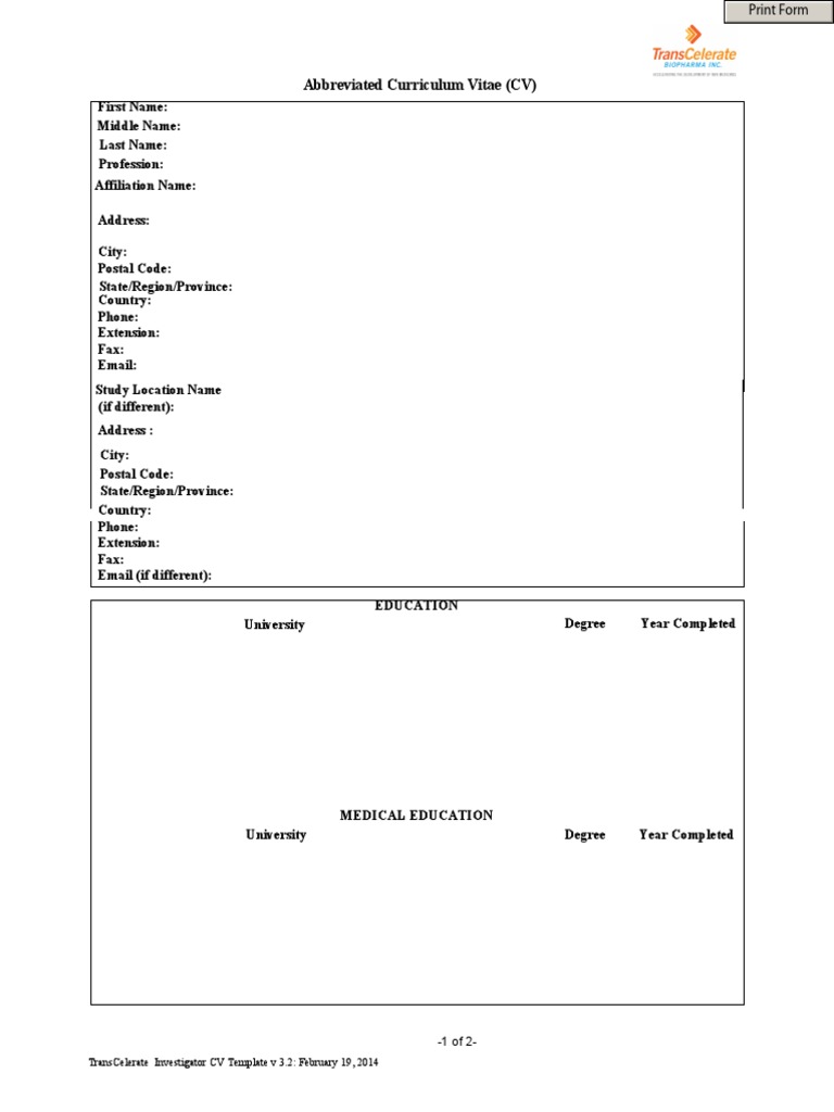 TransCelerate Curriculum Vitae Form | PDF | Health Care | Medicine