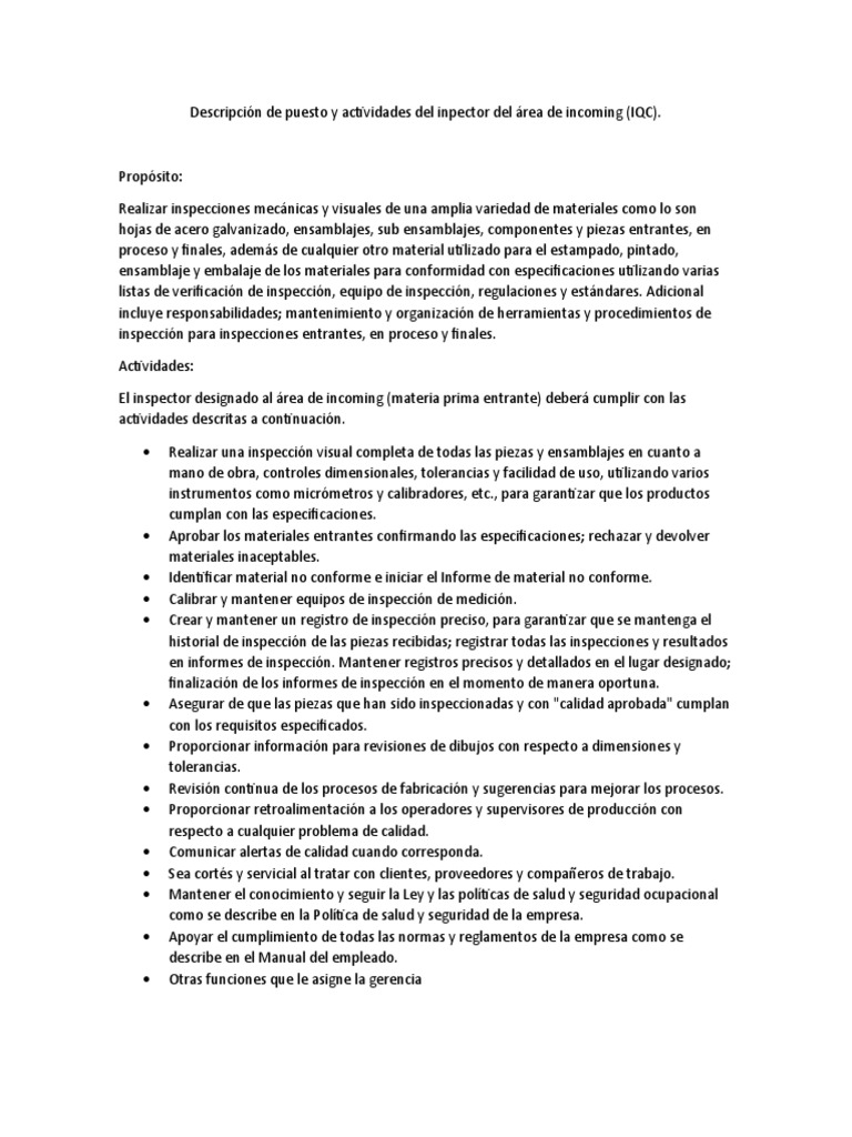 Descripción de Puesto y Actividades Del Inpector Del Área de Incoming | PDF