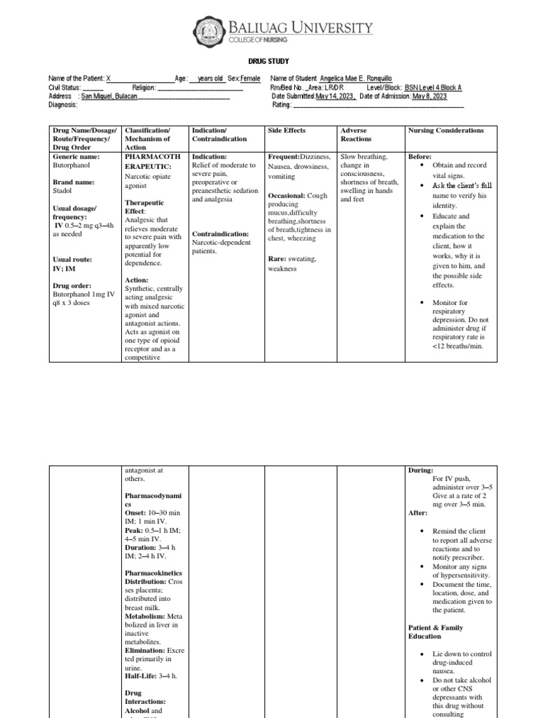 DRUG-STUDY Butorphanol LRDR AngelicaRonquillo | PDF | Analgesic | Receptor Antagonist