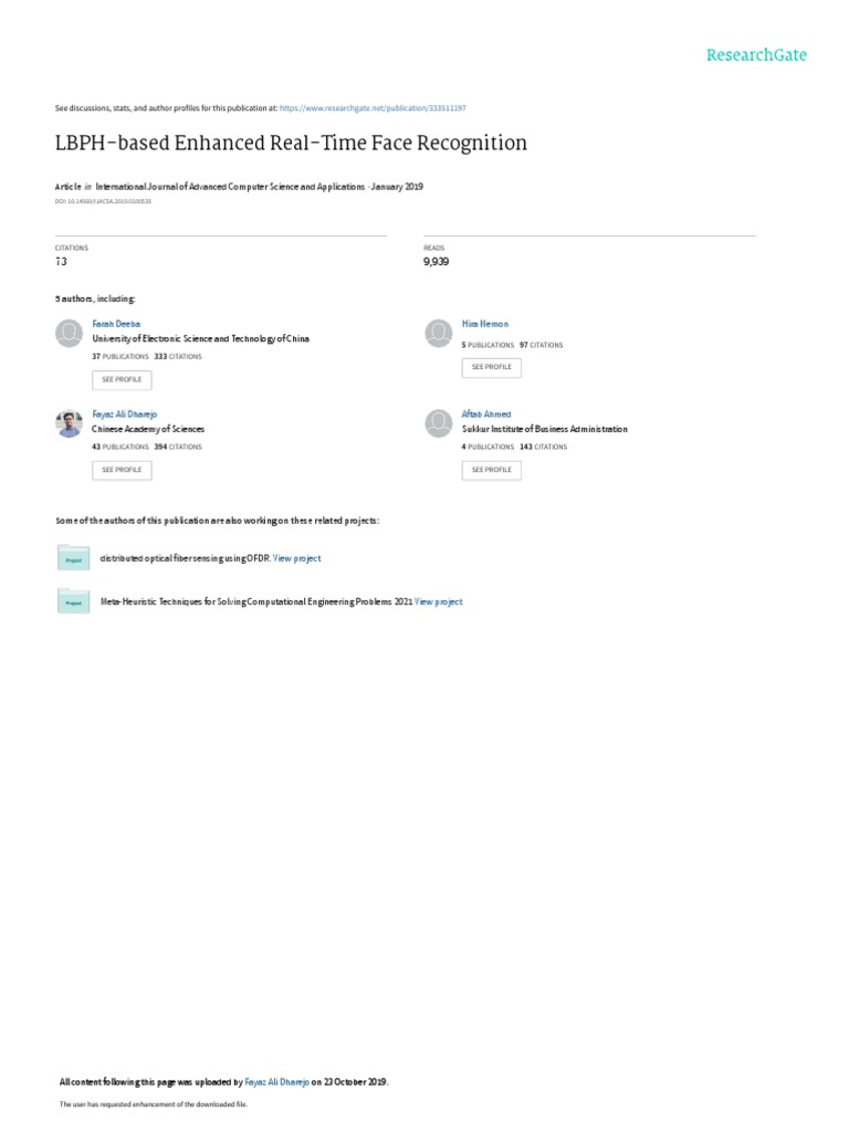 Paper 35-LBPH Based Enhanced Real Time Face Recognition | PDF