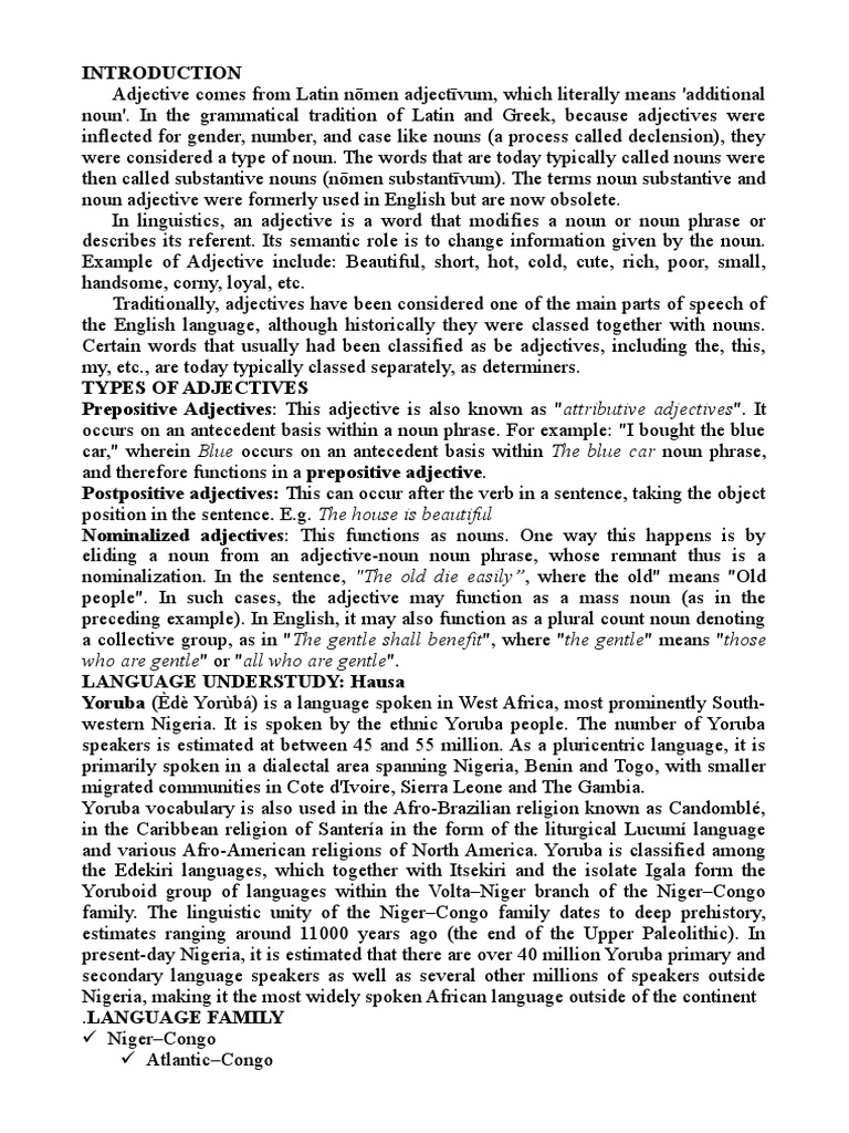 Syntax Assignmment - Yoruba | PDF | Adjective | Noun
