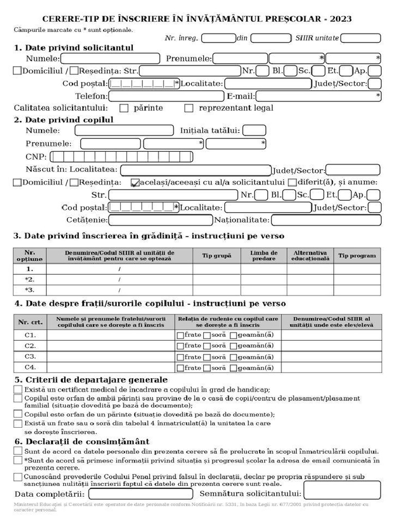 Cerere Tip Inscriere Gradinita 2023 2024 | PDF