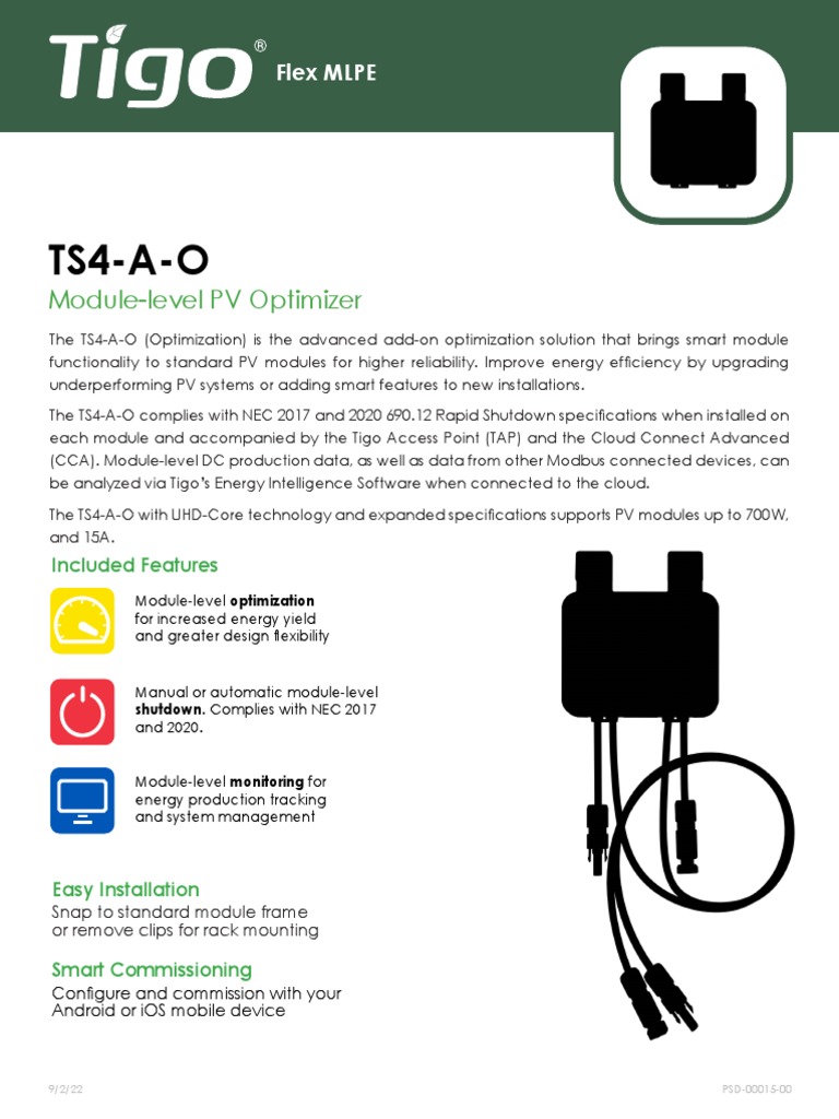 Tigo TS4-A-O Optimizer Overview | PDF | Solar Panel | Photovoltaics