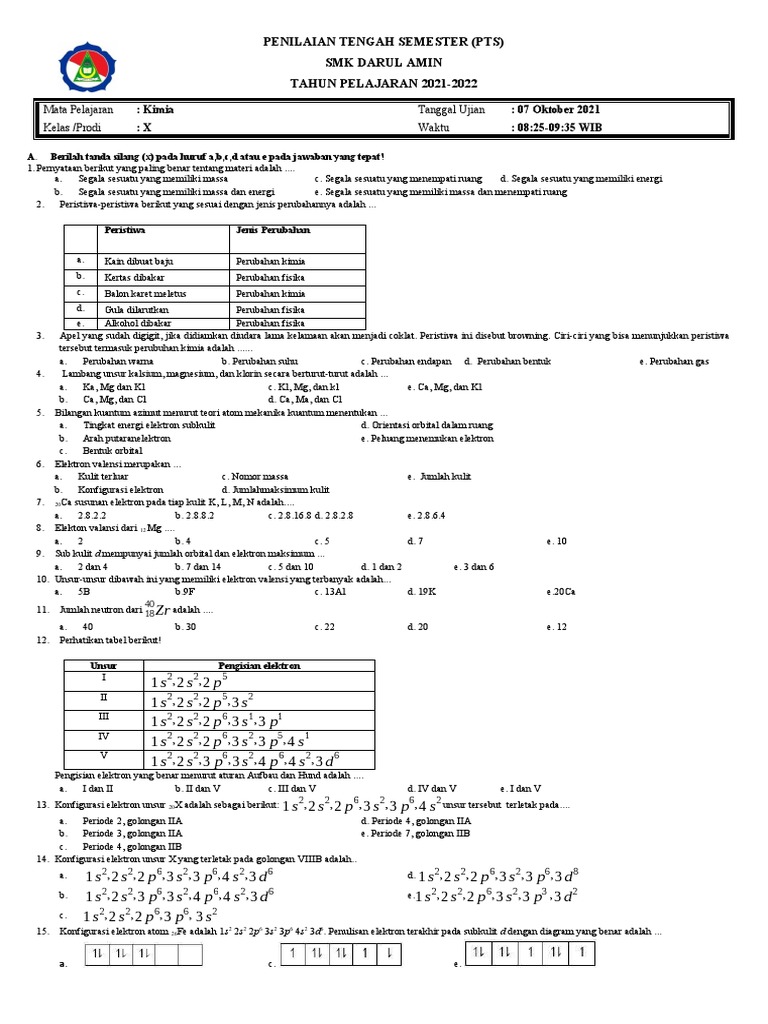 Soal PTS Kimia Kelas X 2021 | PDF