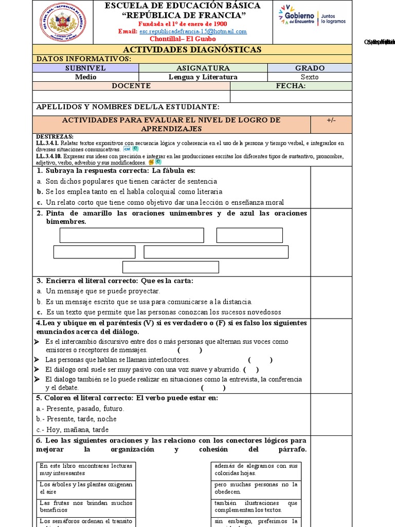 Actividades Diagnósticas Sexto Grado | PDF | Verbo
