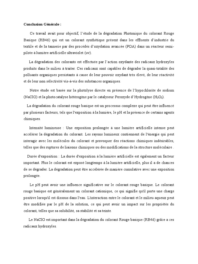 Conclusion Générale Et Resume | PDF | Peroxyde d'hydrogène | Eau