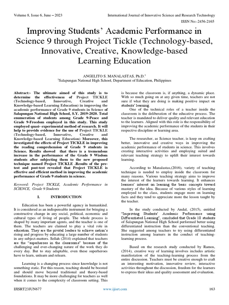 Improving Students’ Academic Performance in Science 9 through Project Tickle (Technology-based ...