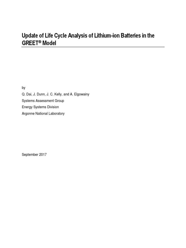 Battery Update - GREET2017 | PDF | Lithium Ion Battery | Life Cycle Assessment