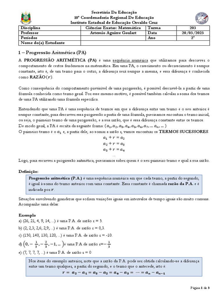 02 - Aula Turma 203 - Progressão Aritmética (PA) | PDF | Sequência ...
