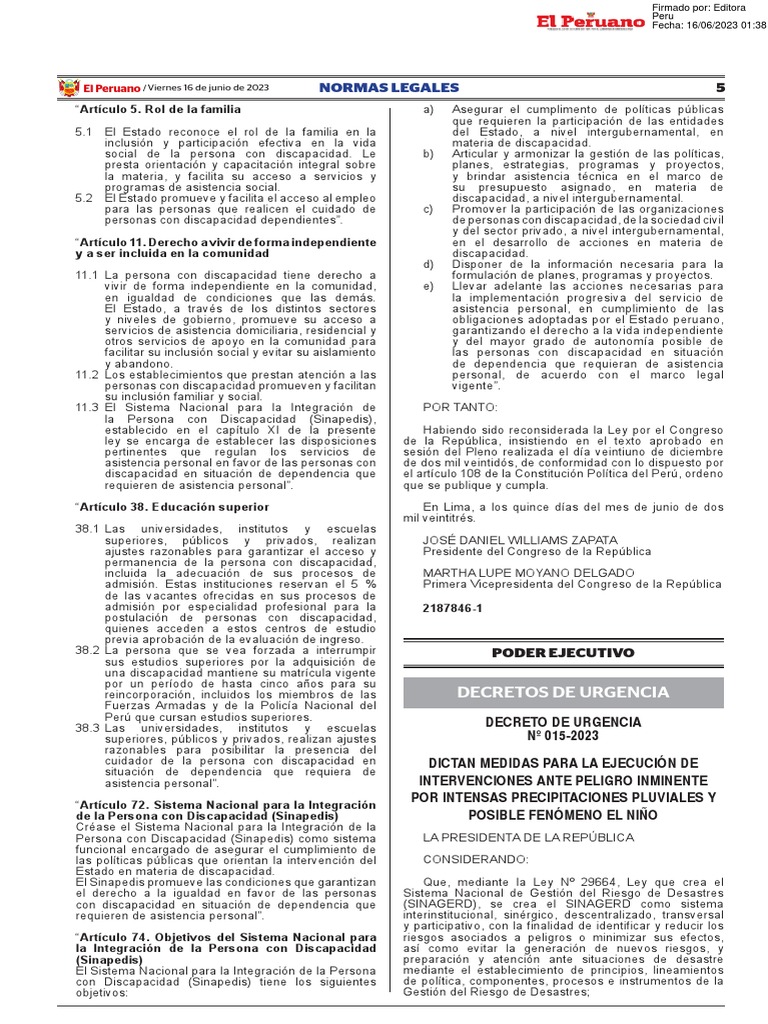 Decreto de Urgencia #015-2023 | PDF | El niño | Inundar
