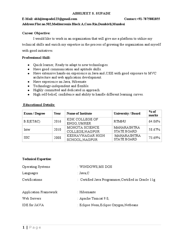 Java Fresher Resume 4 | PDF Java Fresher Resume 4 | PDF