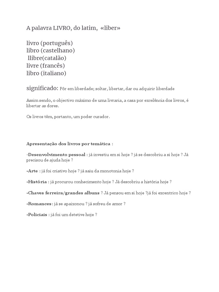 A Palavra LIVRO, Do Latim, Liber | PDF