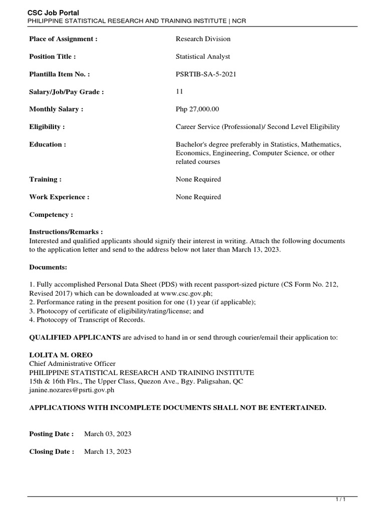 Philippine Statistical Research and Training Institute-Statistical ...