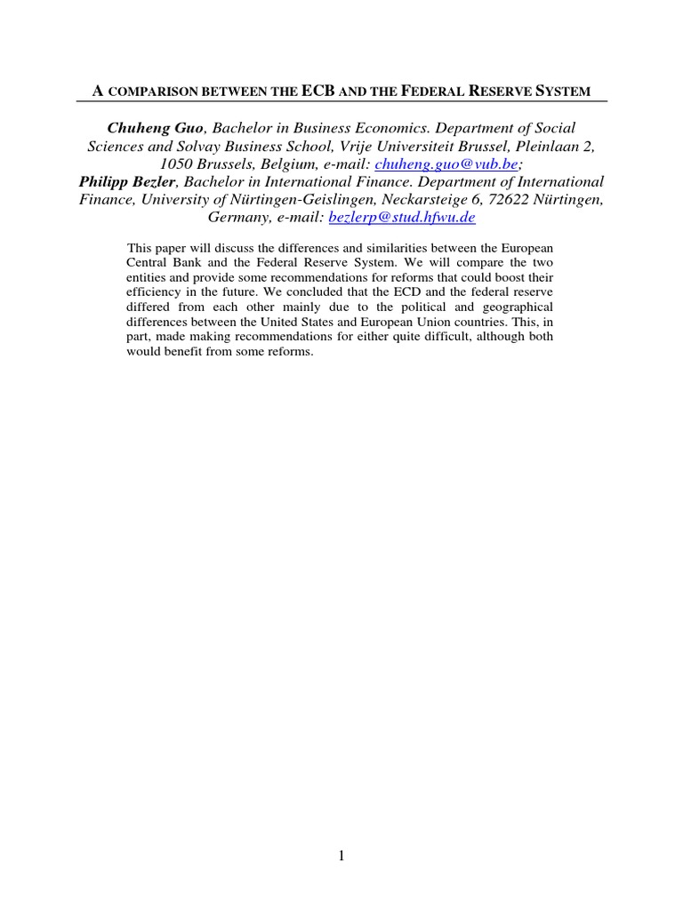 A comparison of the ECB and the Federal Reserve System 2022 Final ...