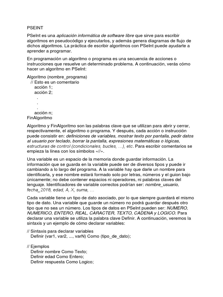 Introducción a PSeInt y Declaración de Variables | PDF | Algoritmos ...