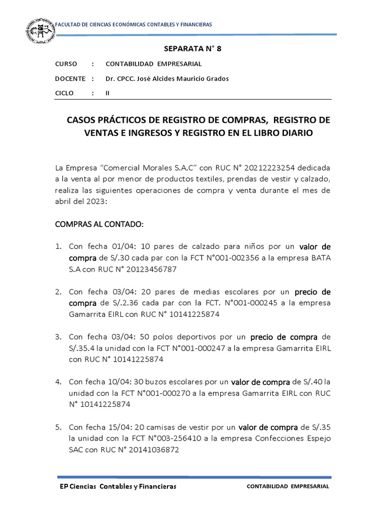 SEPARATA 8 - Casos practicos de Registro de Compras y Ventas (2) | PDF