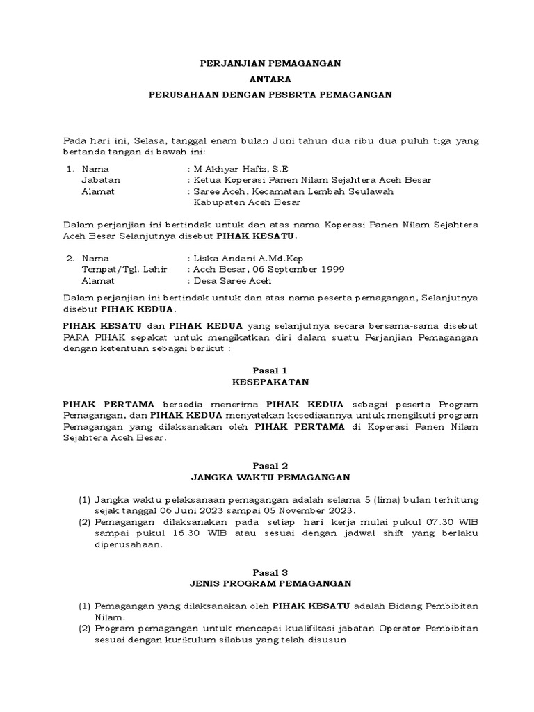 Contoh Perjanjian Pemagangan Junia Safitry | PDF | Bisnis
