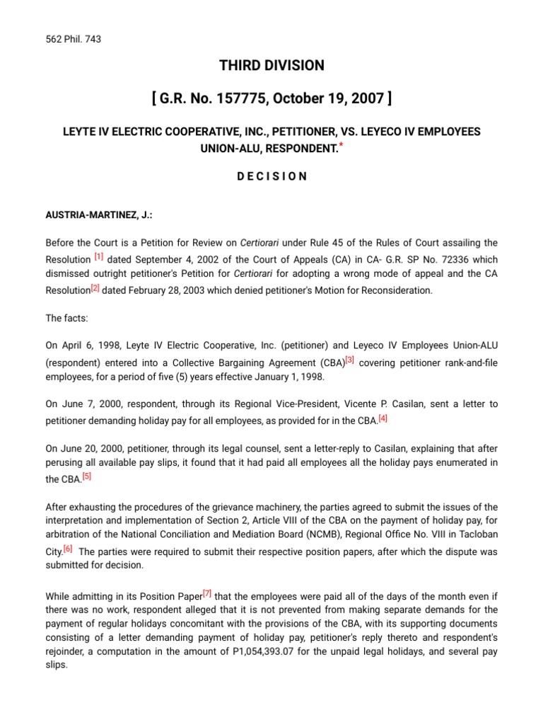 LEYTE IV ELECTRIC COOPERATIVE, INC. VS. LEYECO IV EMPLOYEES | PDF