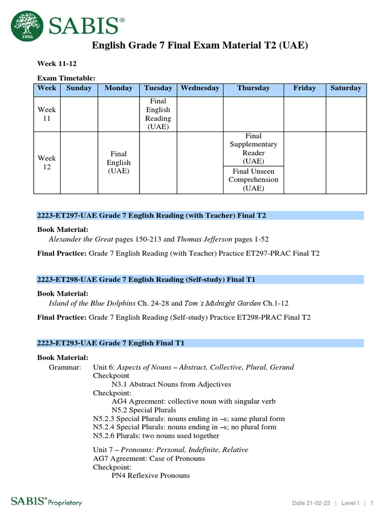 2223 Grade 7 English Exam Related Materials Final T2 (UAE) | PDF
