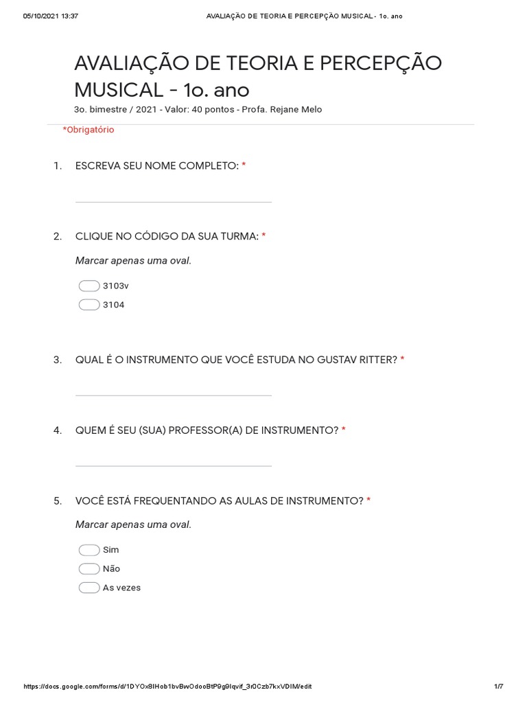 AVALIAÇÃO DE TEORIA E PERCEPÇÃO MUSICAL - 1o. Ano - 3o. Bim 2021 ...