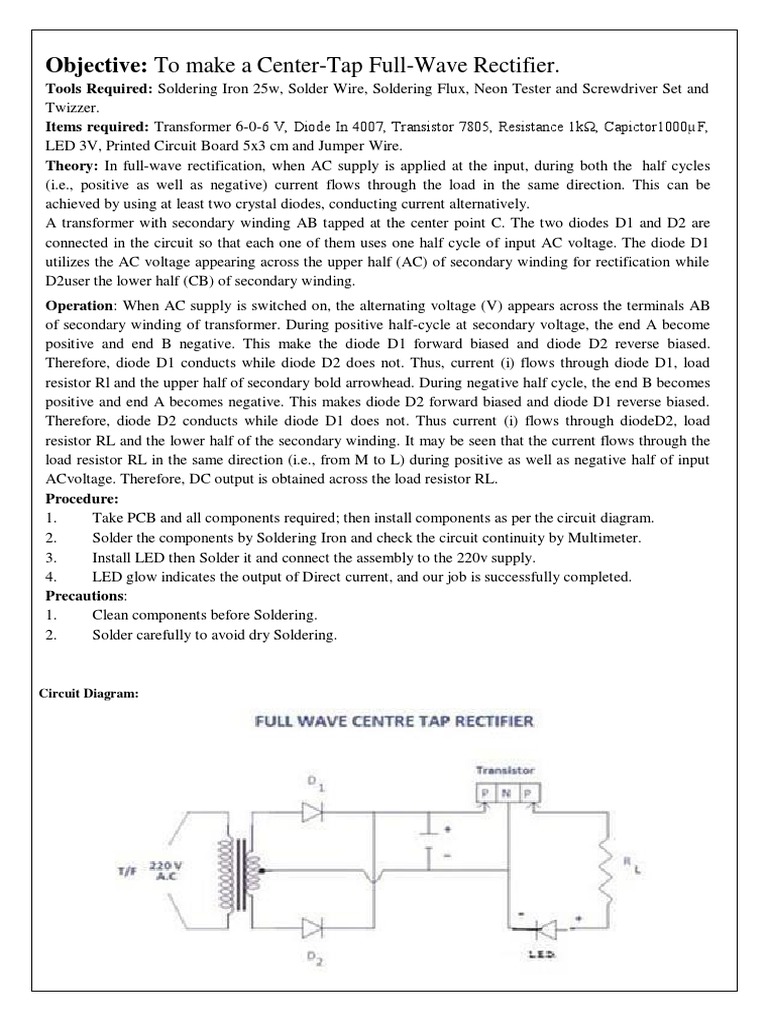 Experiment-1 - To Make A Center-Tap Full-Wave Rectifier | PDF | Rectifier | Transformer