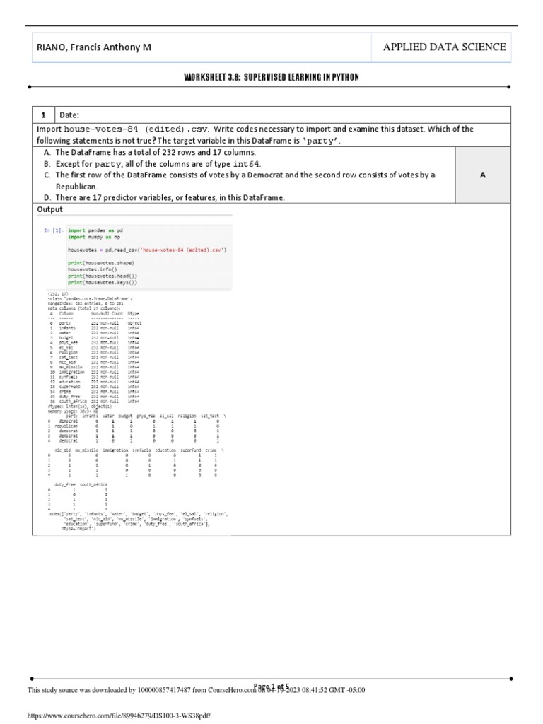 DS100 3 WS3.8 PDF | Download Free PDF | Regression Analysis | Data Analysis