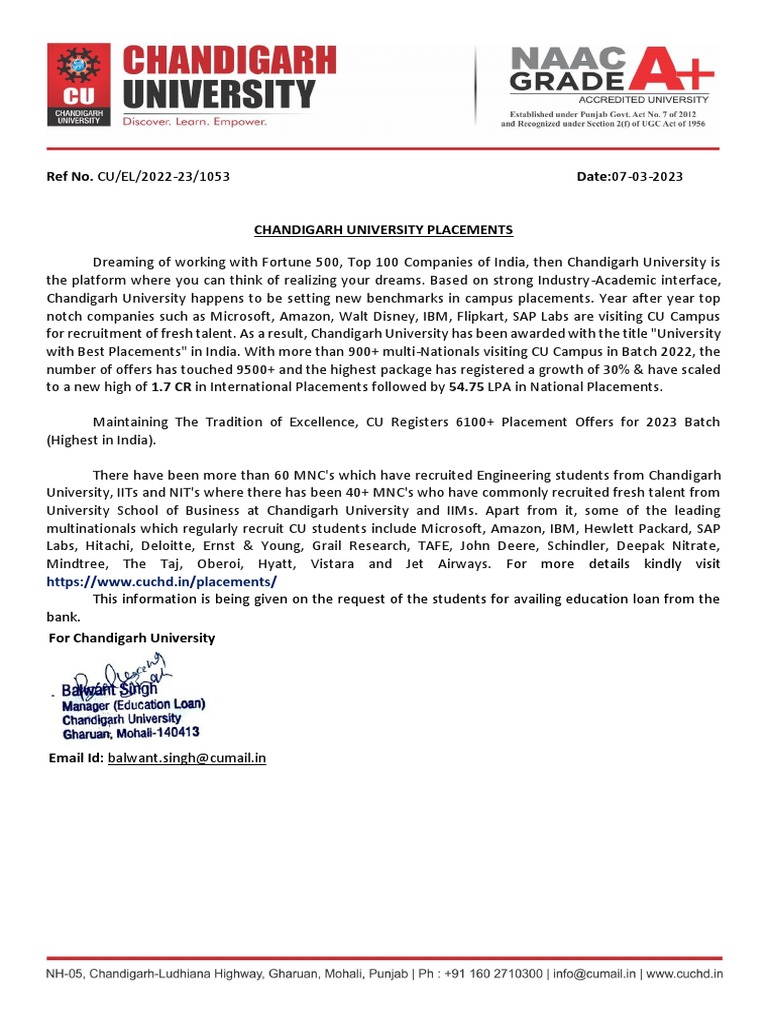 Chandigarh University Placement Success | PDF