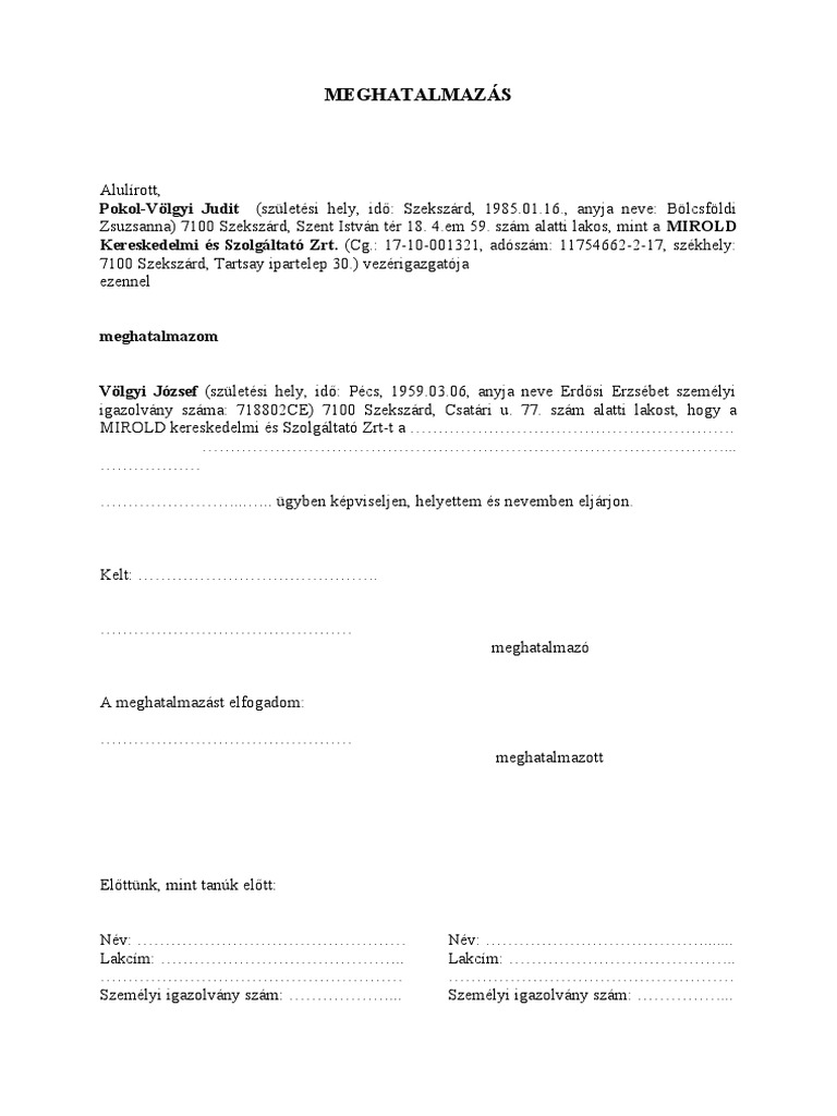 Meghatalmazás minta | PDF