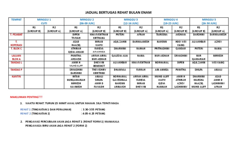 Jadual Tugasan Rehat Bulan Enam | PDF