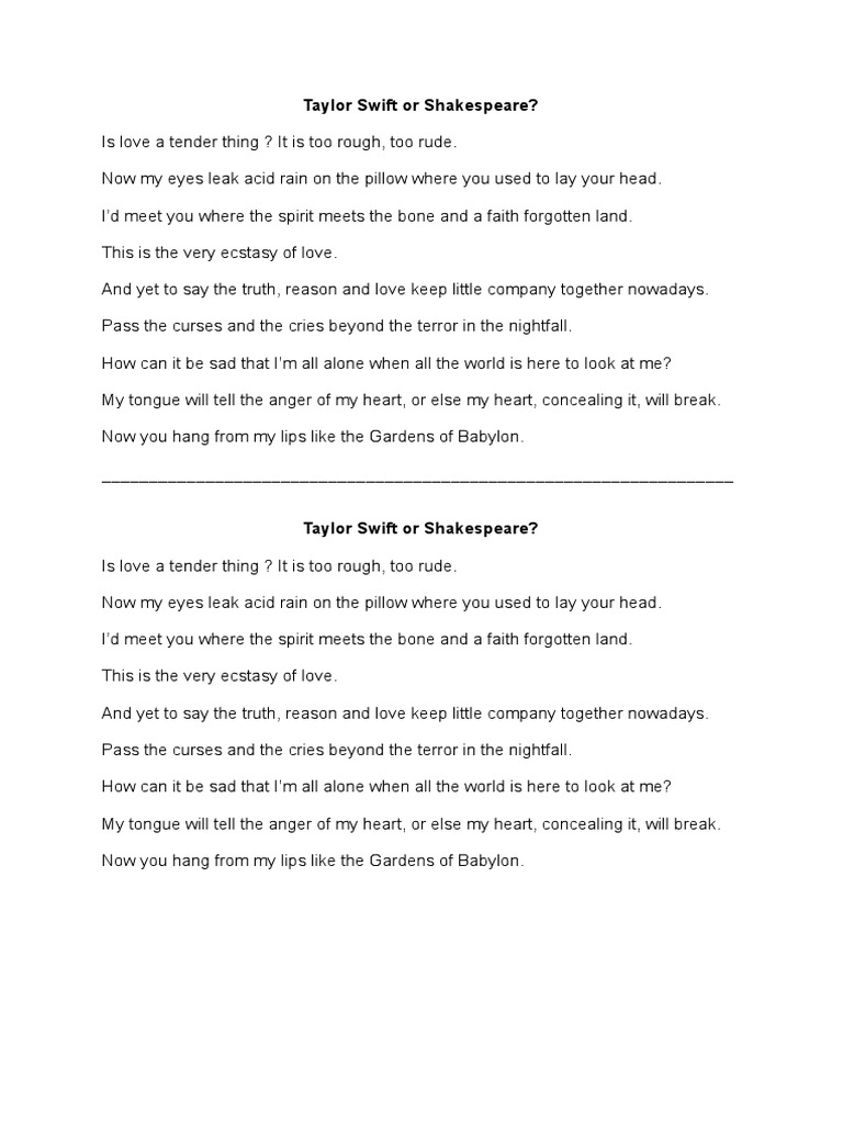 Taylor Swift vs. Shakespeare Analysis | PDF | Language Arts ...