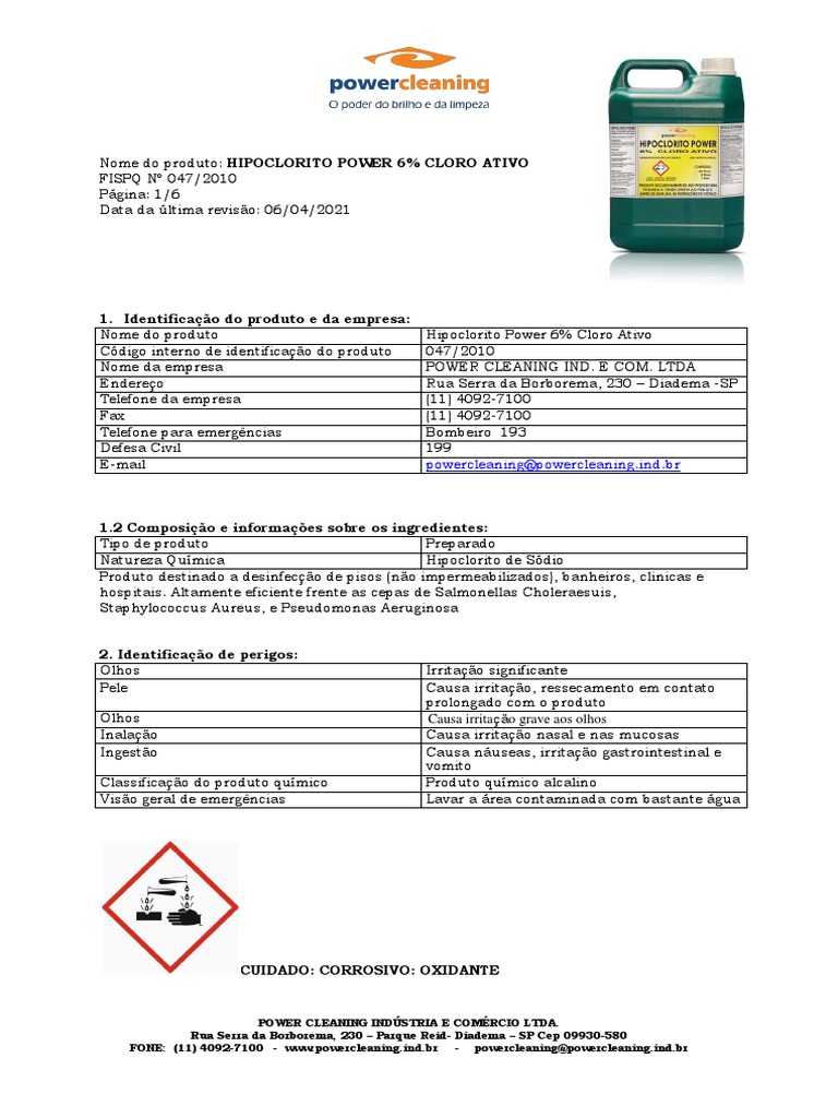 FISPQ Hipoclorito Power 6% Cloro Ativo | PDF