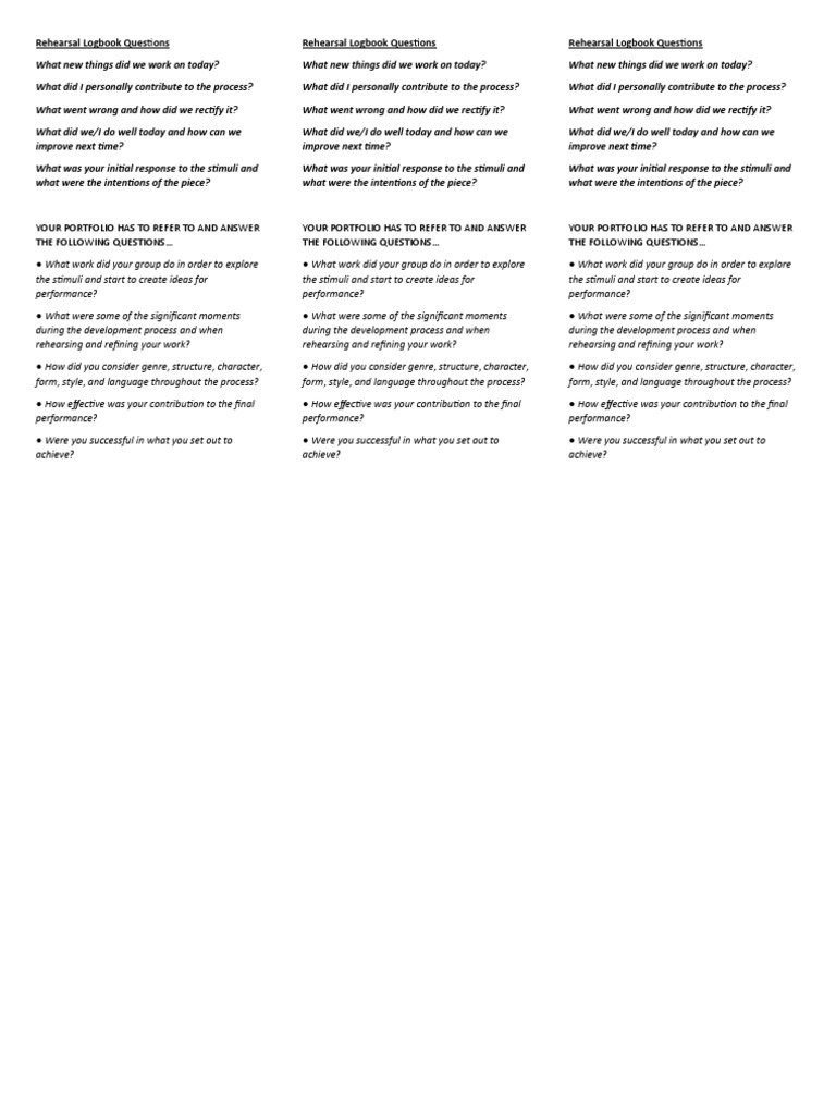 GCSE DRAMA COMPONENT 1 - Rehearsal Log Book Qs | PDF | Records ...