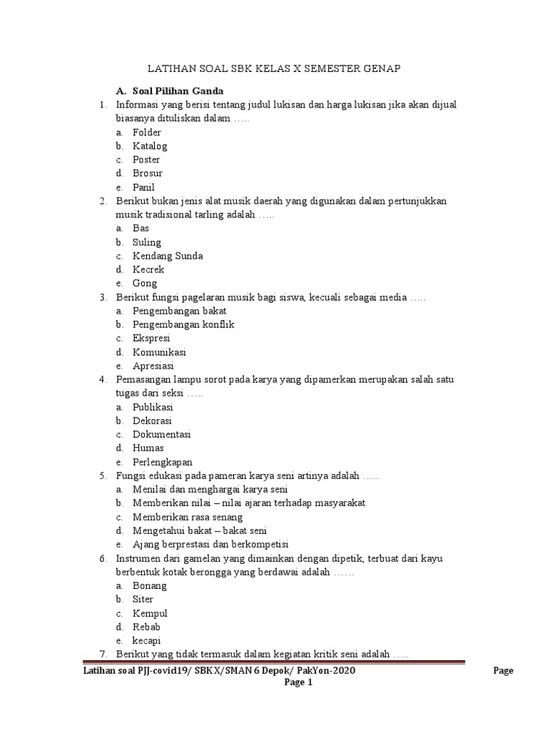 Latihan Soal SBK KLS X Semester Genap 2020 | PDF