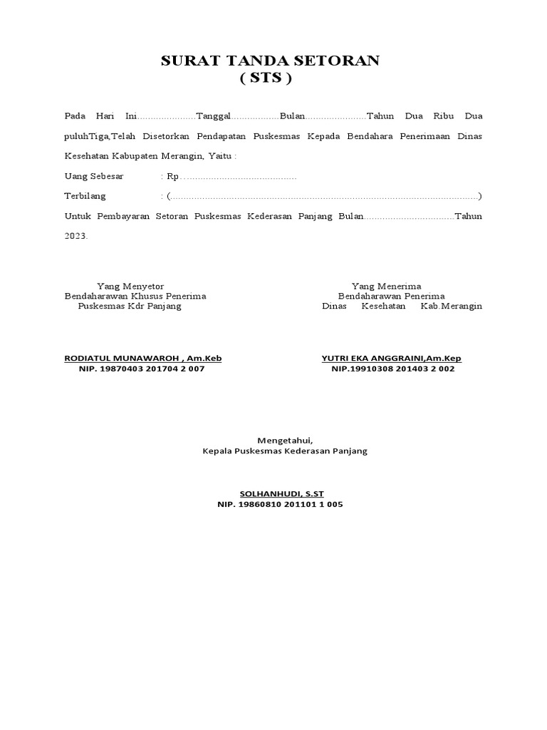 Surat Setoran Puskesmas Merangin 2023 | PDF