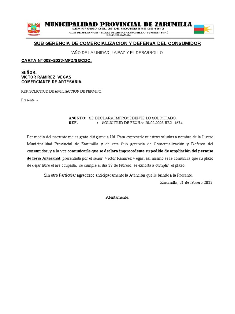 Carta #008-Declara Improcedente Lo Solicitado. | PDF