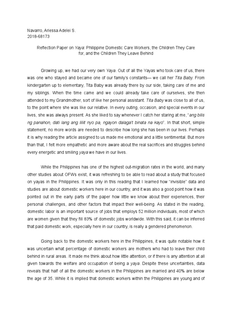 Reflection Paper | PDF | Domestic Worker | Poverty