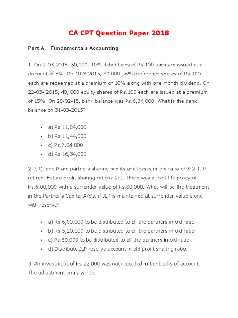 CA CPT Question Paper 2018 Recruitmentresult.com | PDF | Debits And ...
