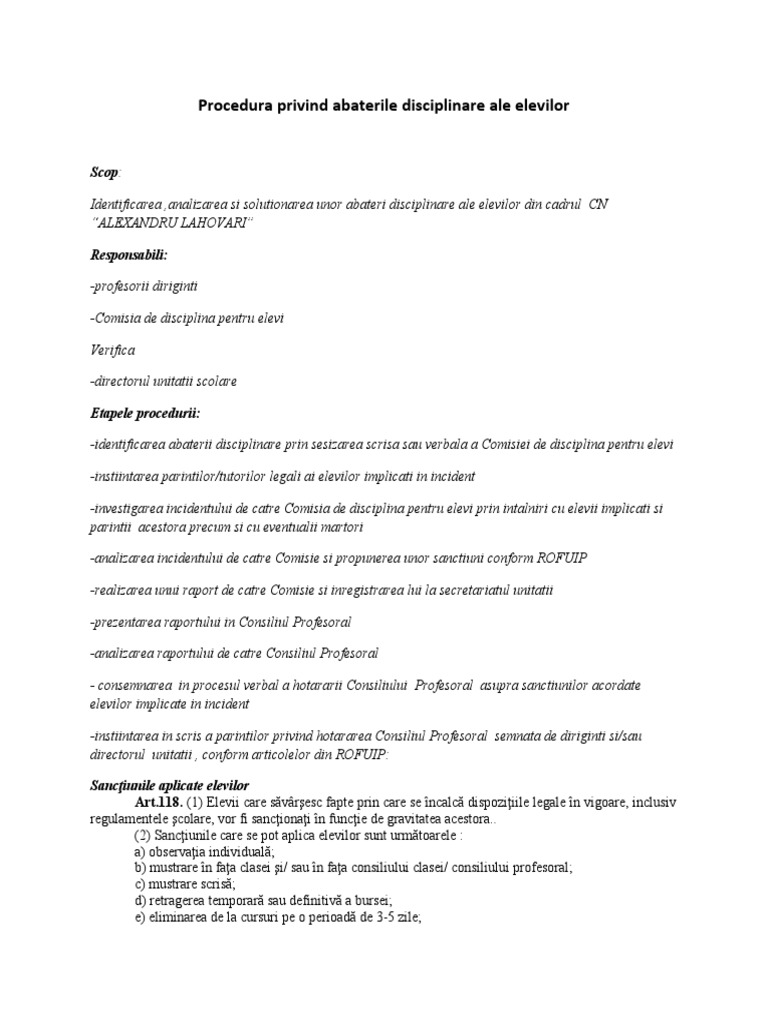 Procedura Privind Abaterile Disciplinare Ale Elevilor | PDF