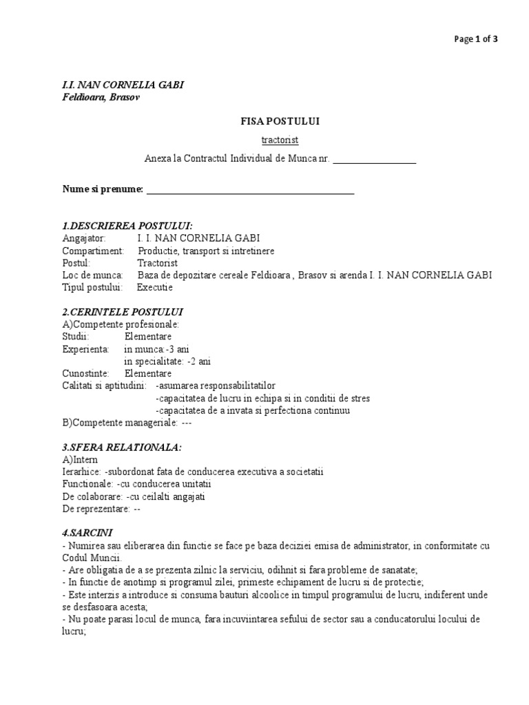 Fisa Post Tractorist | PDF