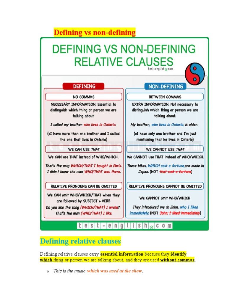 Defining and Non-Defining Relative Clauses | PDF | Subject (Grammar ... Defining and Non-Defining Relative Clauses | PDF | Subject (Grammar ...