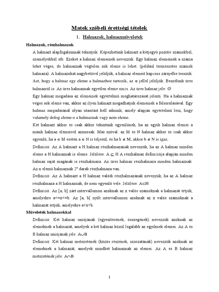 Matek Szóbeli Érettségi Tételek | PDF