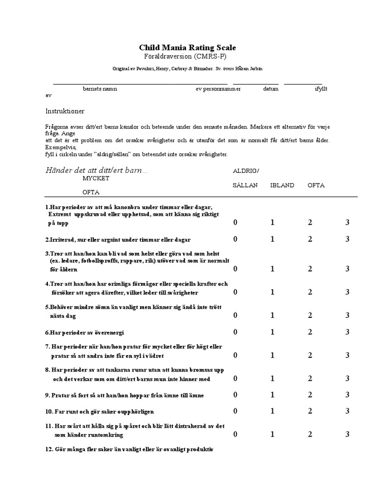 CMRS Föräldraskattning Svensk Version | PDF