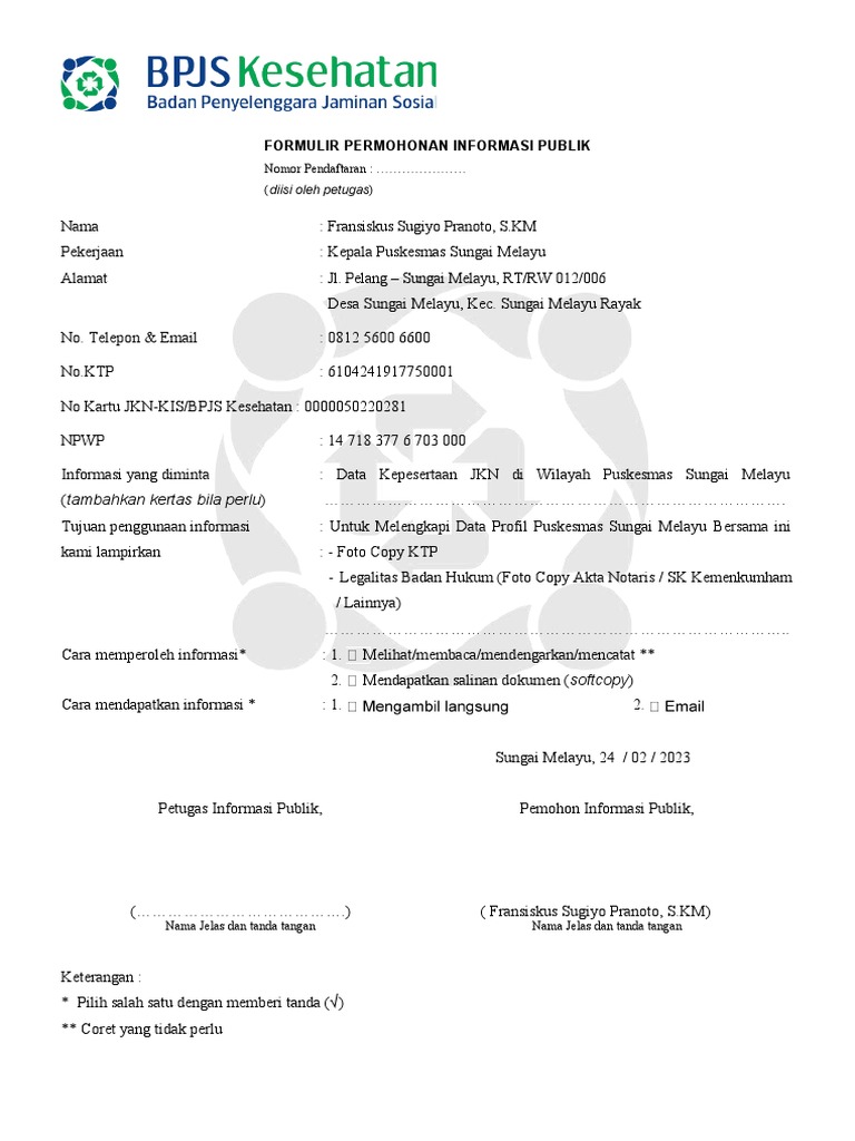 Formulir Permohonan Informasi Publik BPJS Kesehatan | PDF