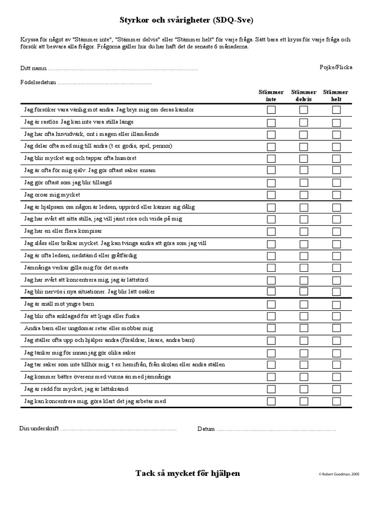 SDQ Självskattning 11-17 År | PDF