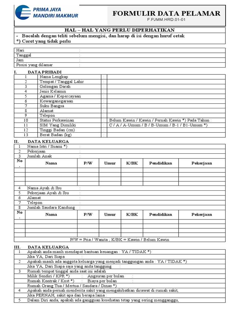 F.PJMM - HRD.01-01 Formulir Data Pelamar | PDF