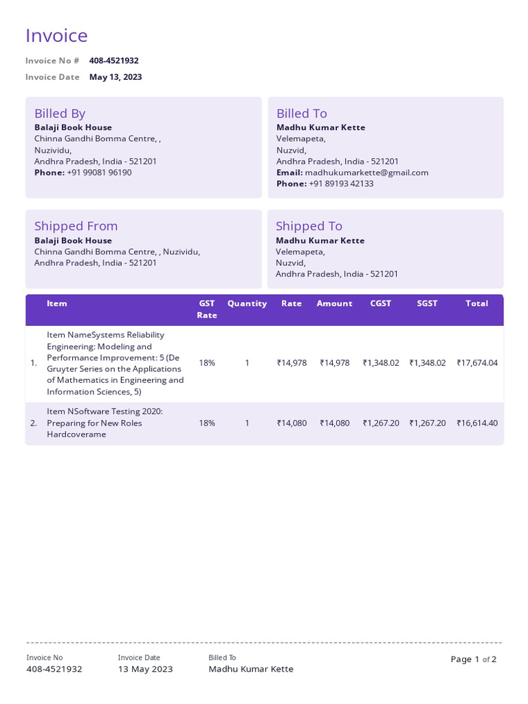 Invoice 408 4521932 Balaji Book House Madhu Kumar Kette | PDF | Taxation | Economy Of Asia