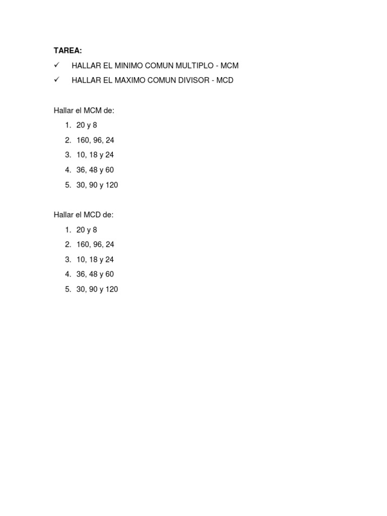 Tarea - Minimo Comun Multiplo - Maximo Comun Divisor.docx (1) | PDF Tarea - Minimo Comun Multiplo - Maximo Comun Divisor.docx (1) | PDF
