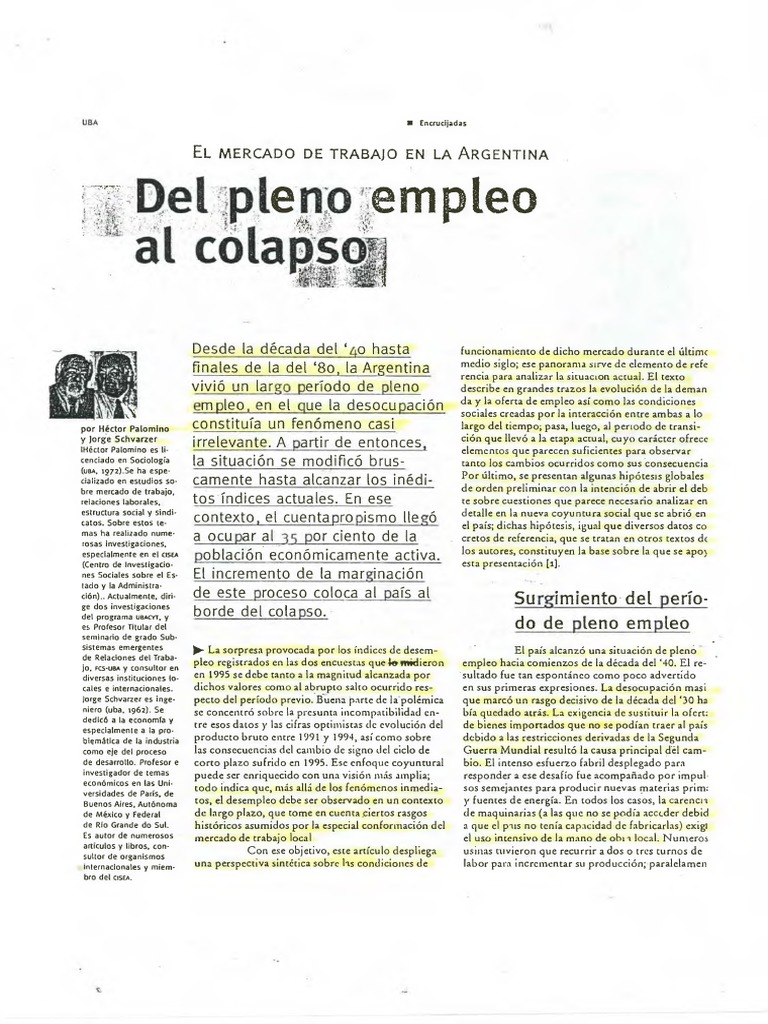 Palomino y Schvarzer, Del Pleno Empleo Al Colapso | PDF